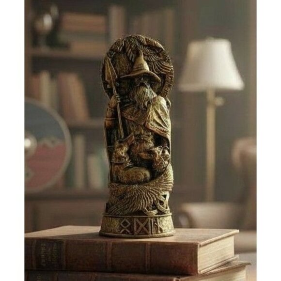 Accents | Odin With Wolves Ravens Statue 8 Gold Norse Viking Figurine ...